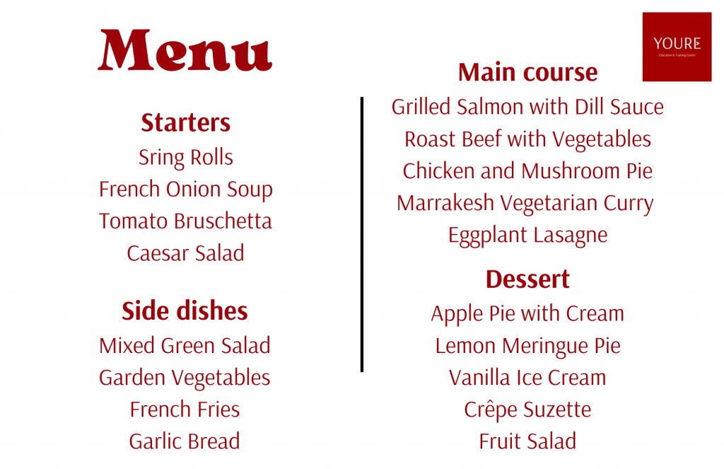 019 Restaurant Vocabulary YOURE Blog